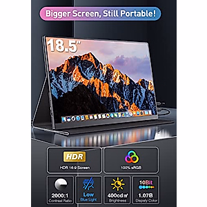 18.5 Inch Portable Monitor for Laptop, FHD 1080P 100% sRGB Travel Monitor for Laptop, Portable Computer IPS Display w/VESA, External Monitor USB-C HDR HDMI Portable Screen w/Smart Cover & Speakers