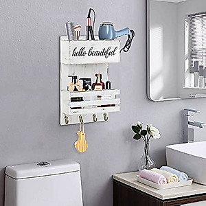 Rustic Hair Tool Organizer Wall Mount, 2 Layer Hair Dryer Holder Wall Mounted, Bathroom Hair Care and Styling Tool Organizer for Wall, Hair Accessories Organizer with Shelf for Makeup, Toiletries