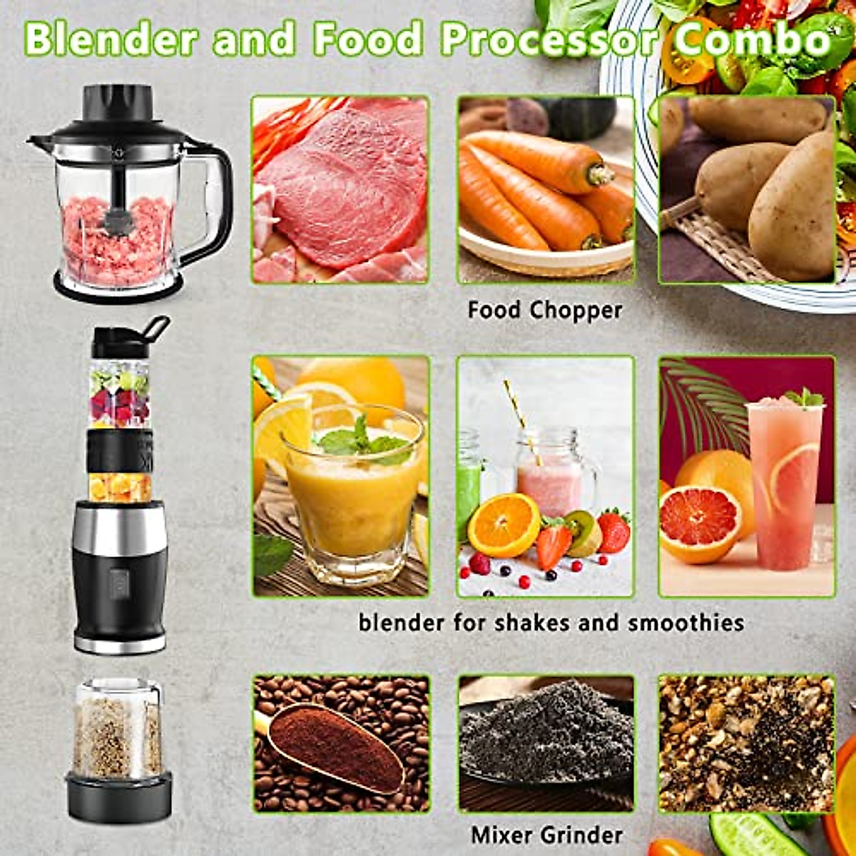 Goelunmy Blender and Food Processor Combo, Blender for Shakes and Smoothies, Bullet Blender Personal Blender Small Blender, Suitable for Kitchen, Home, Food, Juice, 700W Electric Blender with Mixer Grinder/Blender/Chopper & 19-oz Portable Blender Cup