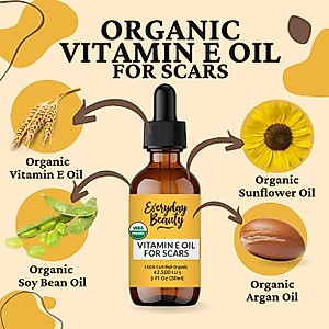 Organic Vitamin E Oil for Scars - All Natural & Vegan Skin Moisturizer 1oz - Light and Unscented Great for Scars After Surgery - Reduce Wrinkles, Anti Aging, Lighten Dark Spots - Face, Skin & All Over