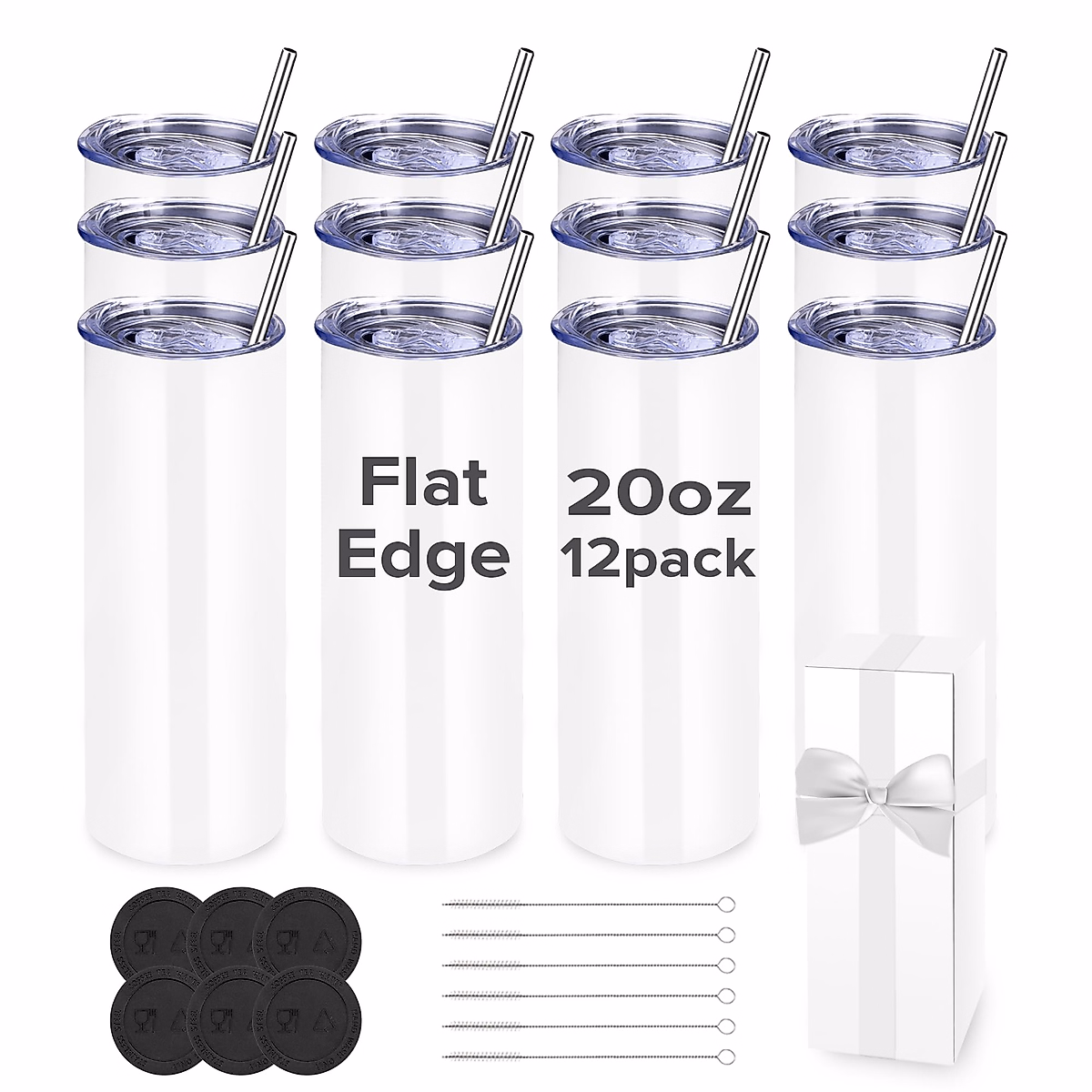 FASTSUB Sublimation Tumblers 20 oz Blank Bulk Cups Straight Skinny Stainless Steel Double Wall Vacuum Insulated with Lids and Straws for Tumbler Heat Press White 12 Pack