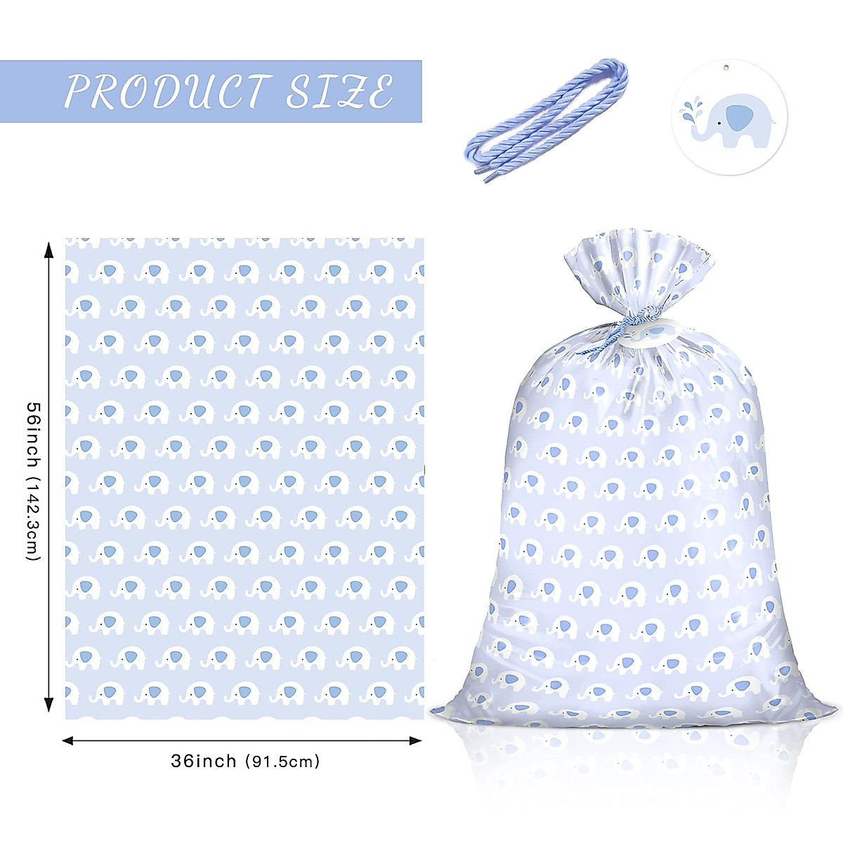 WRAPAHOLIC 56" Large Baby Boy Plastic Gift Bag - Cute Blue Elephant Design for Baby Shower, Kids Birthdays, Parties, Celebrating, or Any Occasion - 56" H x 36" W