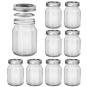 KAMOTA Mason Jars, 16 oz Octagonal Jars With Regular Lids and Bands, Ideal for Jam, Honey, Wedding Favors, Shower Favors, DIY Spice Jars, 9 PACK, 10 Whiteboard Labels Included