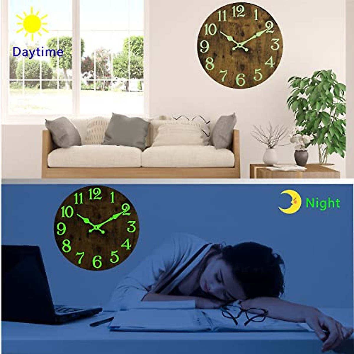 DIYZON Luminous Wall Clock, Silent Non-Ticking 12'' Night Light Wall Clocks Battery Operated, Country Style Wooden Illuminated Wall Clock Decorative for Kitchen, Home, Bedrooms, Office (Brown)