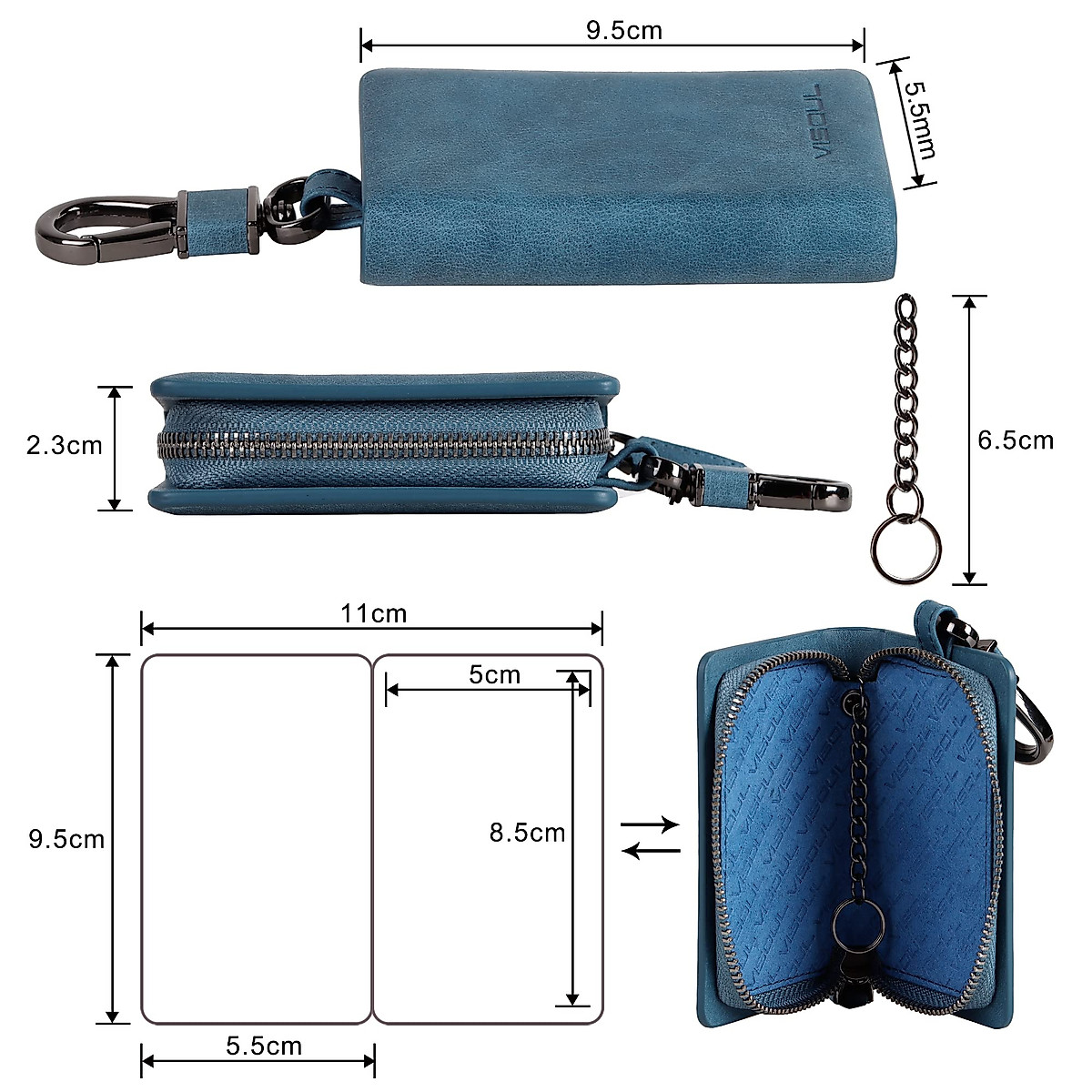 VISOUL Leather Car Key Fob Case Holder for Men and Women, Smart Keychain Protector with Metal Hook and Keyring, Zipper Case for House Keys (D01-Blue)