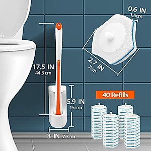 JEHONN Disposable Toilet Bowl Cleaner Wand with 40 Cleaner Refills, Wall Mounted Long Handle Compact Bathroom Scrub Brush Holder Set for Sink Bathtub Wash Basin Mop Pool (Orange)