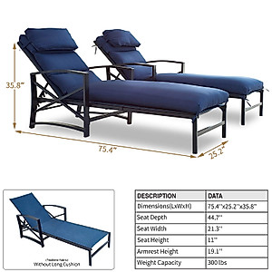 PatioFestival Patio Chaise Lounge Outdoor Adjustable Back Cushioned Chairs All Weather Steel Frame Lounger with Blue Pillow(2Pcs)