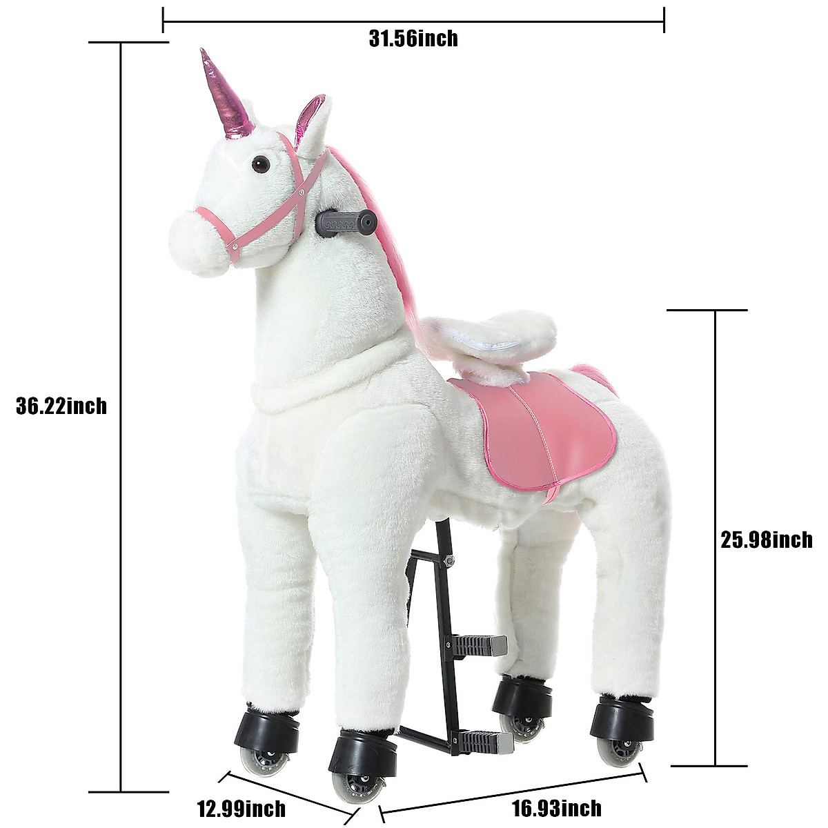 PONYEEHAW Ride on Unicorn Toys, Kids Riding Unicorn Toys Ride on Toys for 6-14 Years Old, Premium Plush Animals Toys Walking Unicorn with Wheels (White and Pink, 31.5" L x 13" W x 36.2" H)