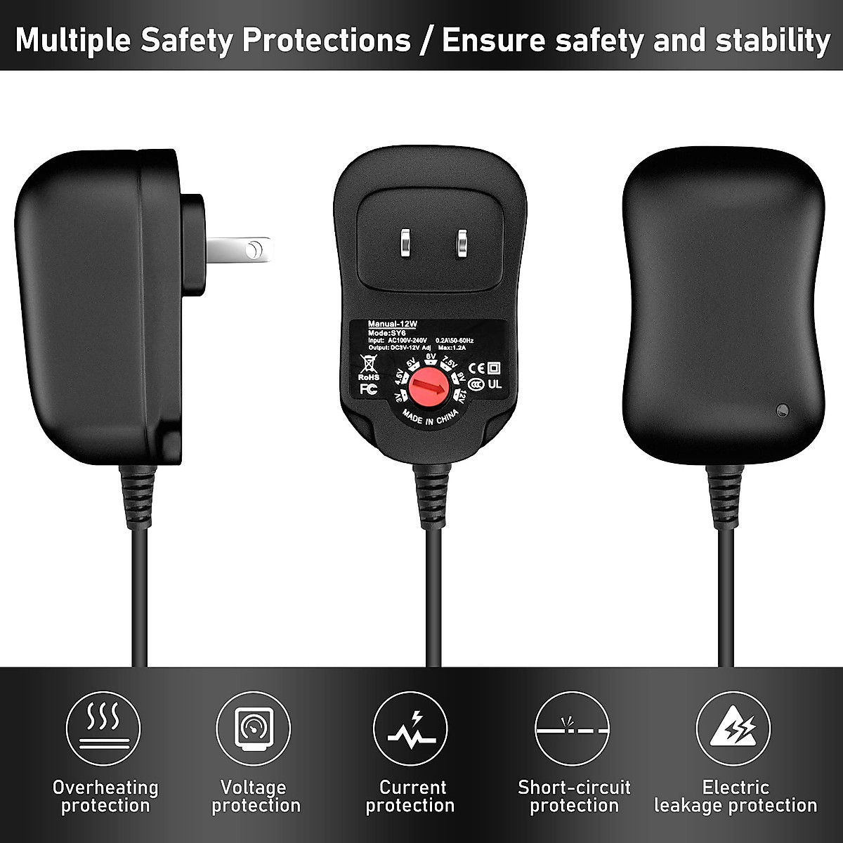 Universal AC Adapter, Waysse 12W 3V 4.5V 5V 6V 7.5V 9V 12V Adjustable Power Adapter Multi Voltage Switching Replacement Power Supply for Household Electronics and LED Strip