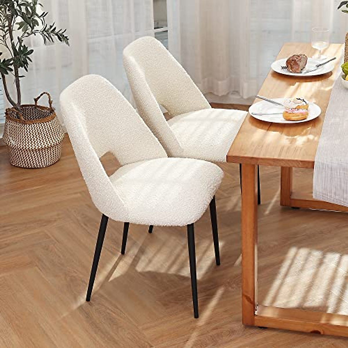 JIRAIN Mid Century Modern Dining Chair Set of 2, Boucle Fabric Upholstered Dining Chairs with Metal Legs, Round Back Sherpa Chairs for Kitchen Living Room（Armless, Beige）