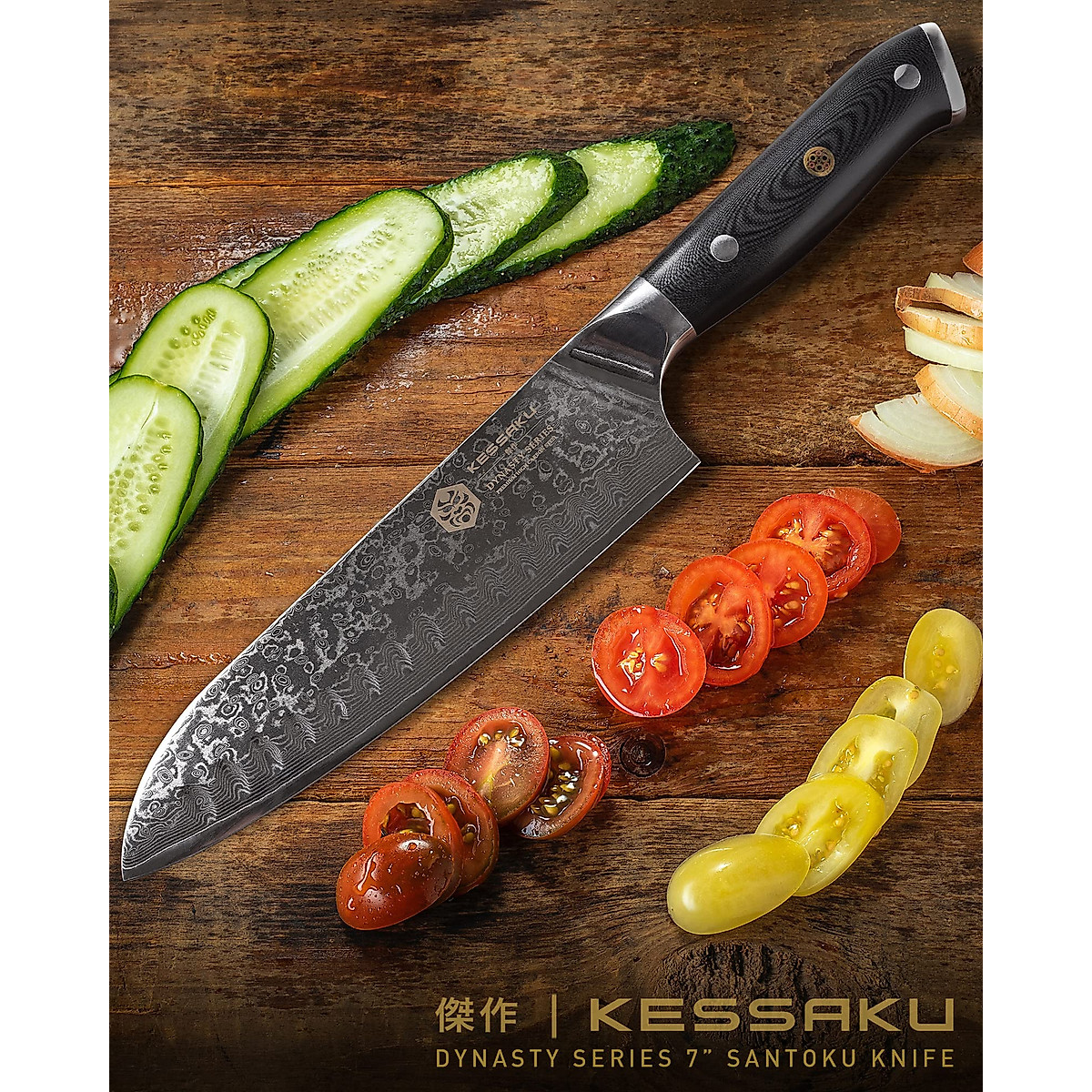 KESSAKU Santoku Knife - 7 inch - Damascus Dynasty Series - Razor Sharp Kitchen Knife - Forged 67-Layer Japanese AUS-10V High Carbon Stainless Steel - G10 Garolite Handle with Blade Guard