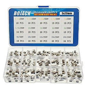 BOJACK 15 Values 150 pcs Fast Blow Glass Fuses Assortment Kit 5x20 mm 250 V 0.1 0.2 0.25 0.5 1 1.5 2 3 4 5 8 10 12 15 20 A packag in a Clear Plastic Box