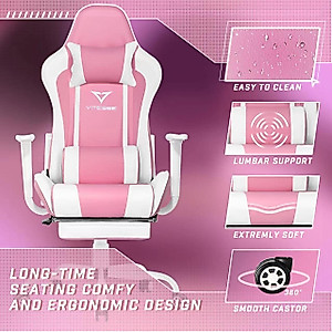 VITESSE Pink Gaming Chair with Footrest Cute Kawaii Gaming Chair for Girl Gamer Chair Ergonomic Office Desk Chair Racing Chair Adjustable High Back Chair with Lumbar Support and Headrest,Pink/White