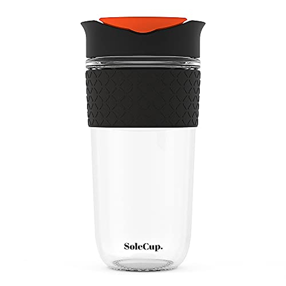 SoleCup. Large Travel Mug Loose Tea Infuser - Detachable Tea Strainer with Spill Proof Lid - 18oz/530ml BPA-Free Reusable Glass Travel Coffee Cup with Silicone Band (Black)
