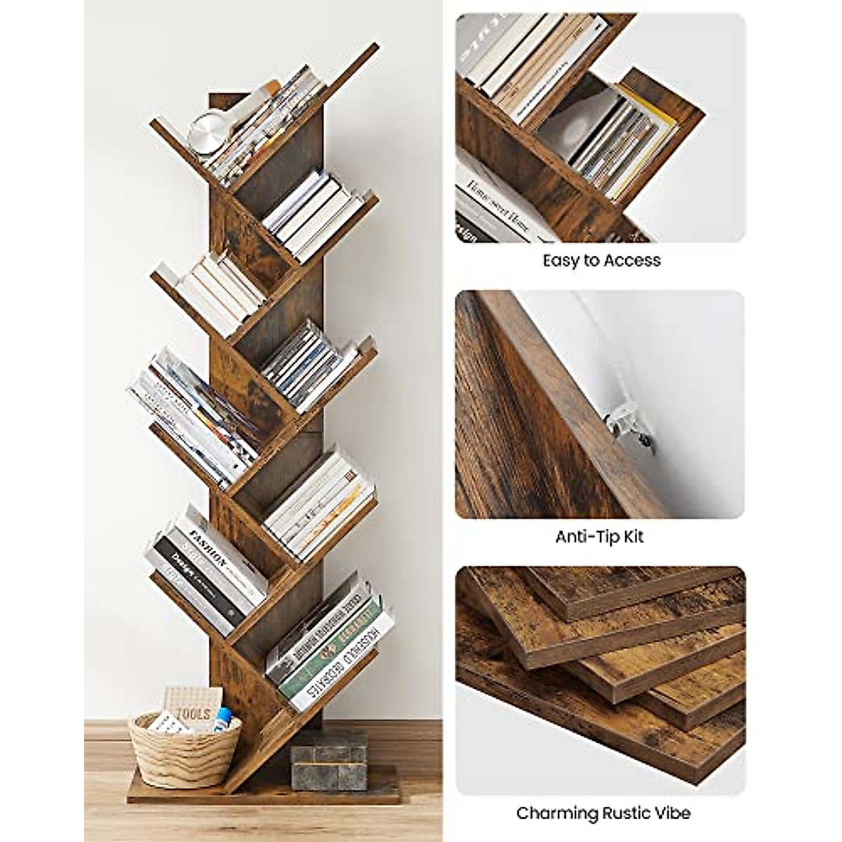 VASAGLE , 8-Tier Floor Standing Tree Bookshelf, with Shelves for Living Room, Home Office, Rustic Brown ULBC11BX