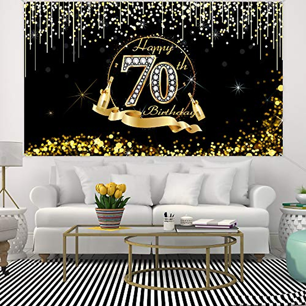 70th Birthday Party Decoration, Extra Large Black Gold Sign Poster 70th Birthday Party Supplies, 70th Birthday Banner Photo Booth Happy Birthday Backdrop Background, 72.8 x 43.3 Inch