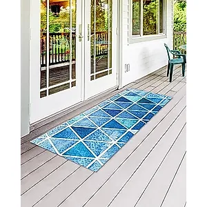 Welcome Mats, Blue Triangle Tile Pattern Door Mat, Non-Slip Absorbent Large 18x47 Inch Outdoor Indoor Mat Low-Profile Floor Mat Doormat for Entryway/Patio/Garage