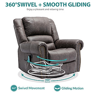 MEETWARM Massage Swivel Rocker Recliner with Heat and Vibration, Manual Glider Rocking Recliner Chair, 360°Swivel Lounge Reclining Chair with Remote Control/USB Ports for Living Room(Gray)