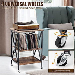 GOFLAME Record Player Stand, 3-Tier Rolling Vinyl Record Storage Holder Stand with 3 Dividers, Turntable Stand with Universal Wheels and Lockable Casters for Living Room, Bedroom, Office, Brown
