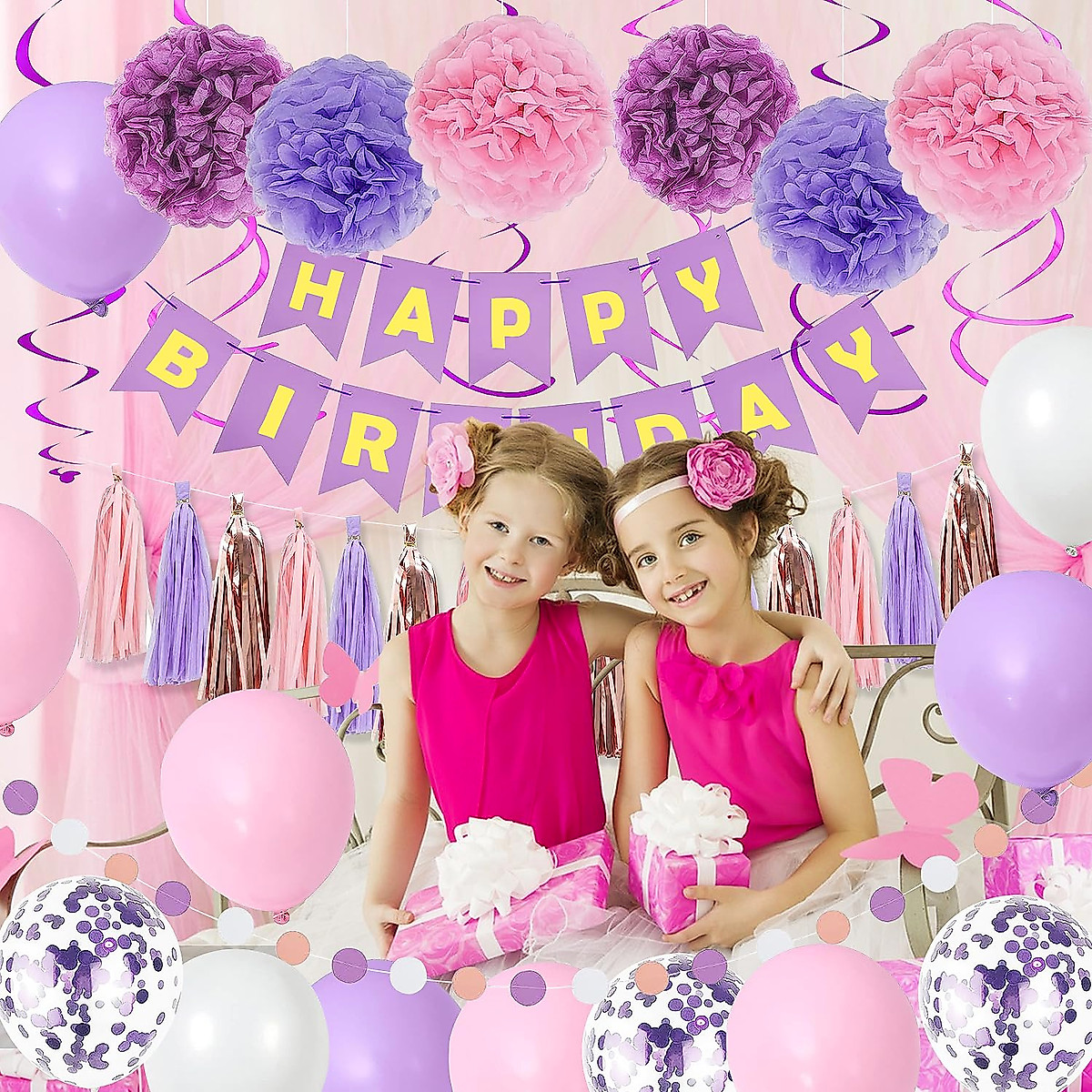 Purple Pink Birthday Party Decorations for Women Girls with Happy Birthday Banner,Hanging Swirls,Tissue Paper Pompoms,Circle Dots Garland,Tassel Garland Purple Birthday Balloons (Purple)