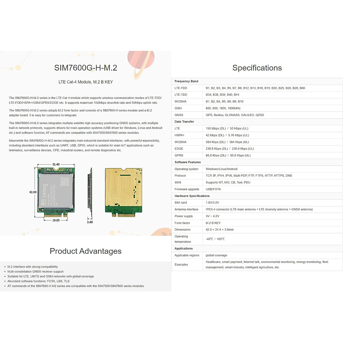 Waveshare SIM7600G-H-M.2 SIMCom Original 4G LTE Cat-4 Module Global Coverage with GNSS Support M.2 B Key Connector LTE-TDD LTE-FDD HSPA+ GSM GPRS Edge