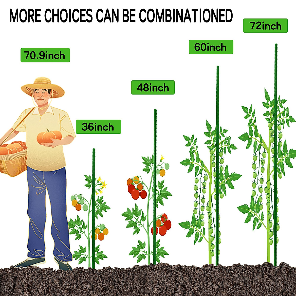 BOTINDO Garden Stakes 48 Inches Sturdy Green Plant Sticks 25 Pack, Metal Tomato Stakes Support, Yard Plant Support Cage for Potted Plants, Tomatoes, Trees, Cucumber, Fences, Beans (48 inch)