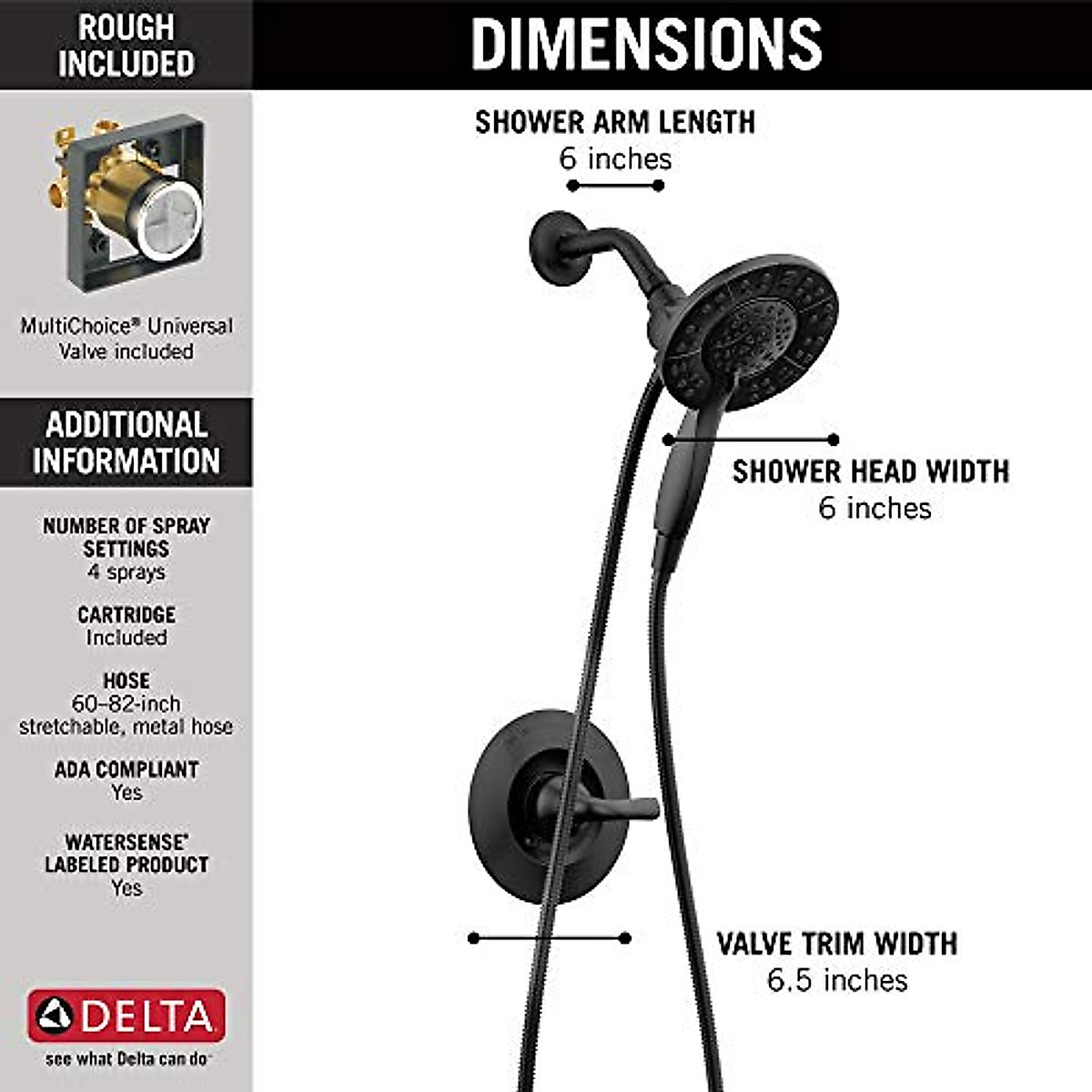 Delta Faucet Arvo 14 Series Single-Handle Shower Faucet, Shower Trim Kit with 4-Spray In2ition 2-in-1 Dual Hand Held Shower Head with Hose, Matte Black 142840-BL-I (Valve Included)