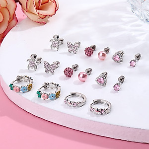 THUNARAZ Hypoallergenic Screwback Earrings Studs for Girls Women 316L Stainless Steel Cute Heart Hoop Earrings CZ Butterfly Turtle Screw Back Stud Earrings 20G(Pink&Colorful Flower)