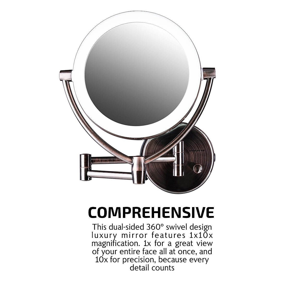 Ovente 7.5" Lighted Wall Mount Makeup Mirror, 1X & 10X Magnifier, Spinning Double Sided Round LED w/ Dimmer Switch, Extend, Retractable & Folding Arm, Battery USB Powered Antique Brass MLW75AB1X10X