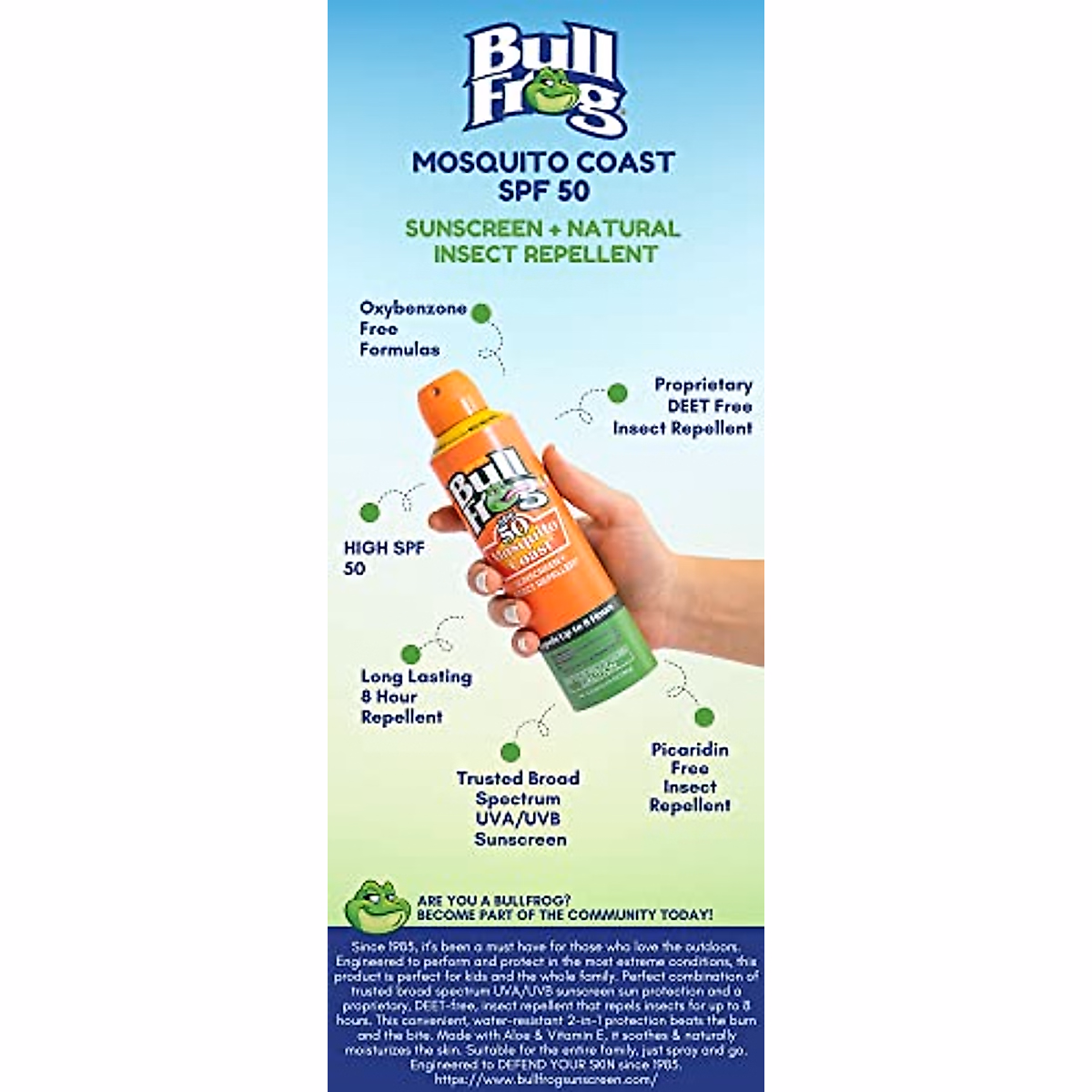 Bullfrog Mosquito Coast Bug Spray Insect Repellent + Sunscreen SPF 50, Continuous Spray 5.5oz