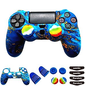 Silicone Skin Cover for Ps4 Controller (1pc Anti-Slip Case, 1 Pair L2 R2 Trigger Extender, 4pcs Thumb Grips,4pcs LED Light Bar Decal) Protector for DualShock PS4/ Slim/Pro Controller (sky blue&yellow)