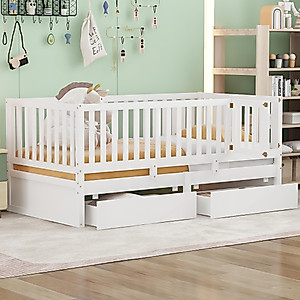 Twin Bed Frame with Rails and Storage Drawers, Can Be Divided into A Twin Size Floor Bed with Fence and A Daybed with 2 Drawers, Wood Montessori Beds for Kids Boys Girls Teens, White