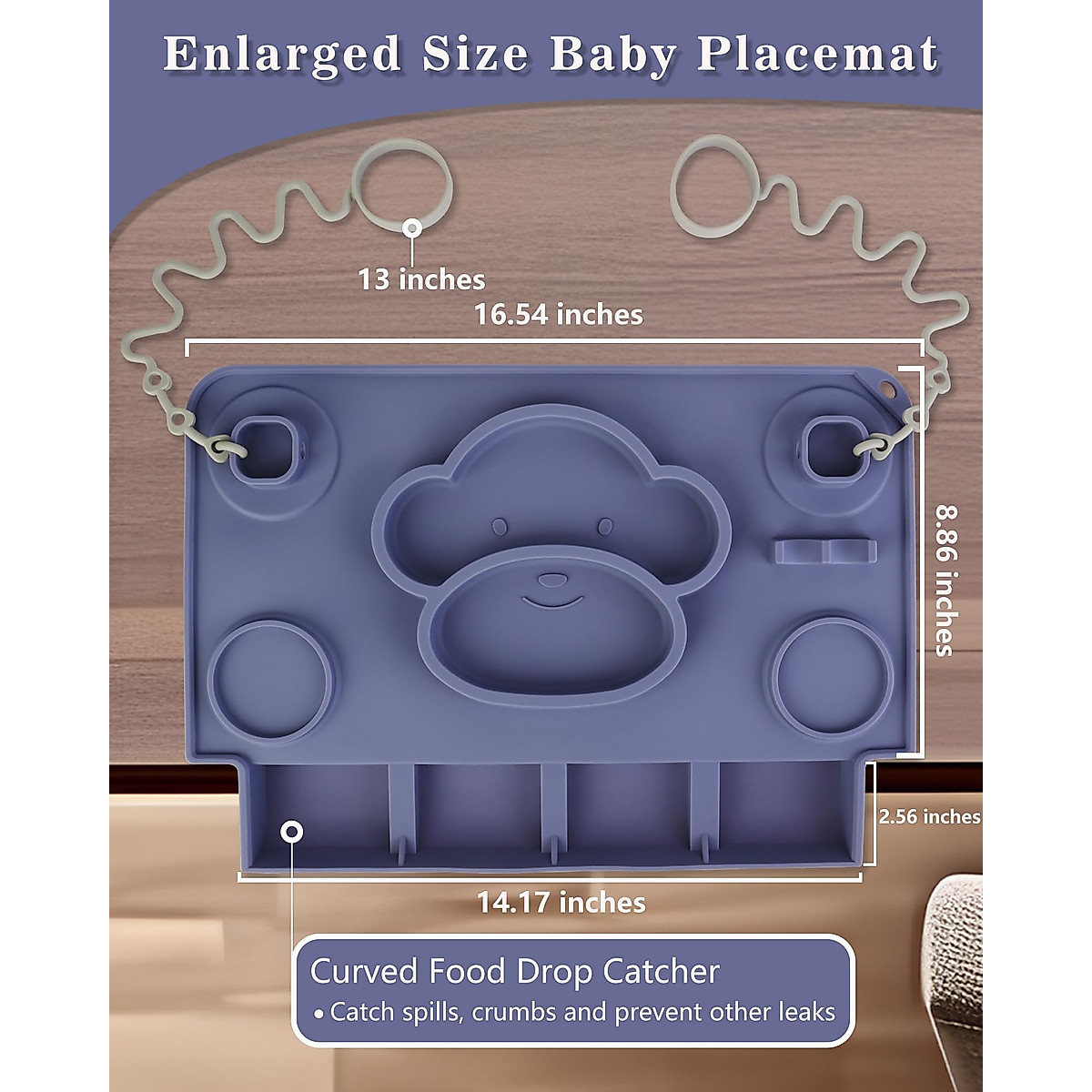 Silicone Placemats for Toddlers, Hitseon Reusable Food Grade Silicone Toddler Placemat with Suction Cups for Kids, Folding Baby Food Mat with 2 Straps for Home Travel, Dishwasher Safe (Gray)