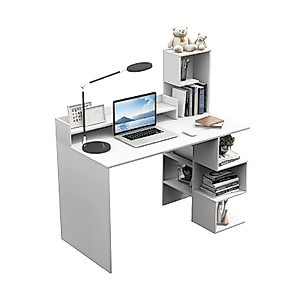 Tangkula White Desk with Storage Bookshelf & Hutch, 48” Modern Home Office Desk with 8 Storage Shelves, Space Saving Writing Study Desk for Bedroom, Compact Computer Workstation for Home