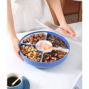 ZENFUN 2 Pack Plastic Candy and Nut Serving Container with Lid, 11.5 Inch Divided 5 Compartment Snack Bowls Serving Tray, Multifunctional Party Appetizer Tray for Dried Fruits, Food Storage