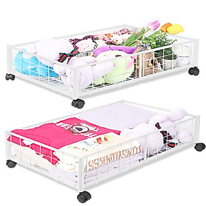 Kmise Underbed Storage With Wheels,2 Pcs Metal Under Bed Storage Containers For Bedroom Clothes Blankets Toy Book Bedding Shoes Storage Organizer (White, 2 Pcs)