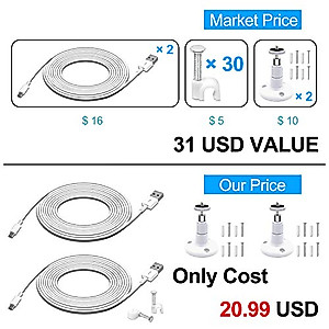 2 Pack Wall Mount for Wyze Cam Pan Security Camera with 16.4FT Charging Cable, for Wyze Cam Pan v2 Mounting Kit Including Charging Cord, 360 Degree Adjustable Ceiling Mount and 30 Wire Clips