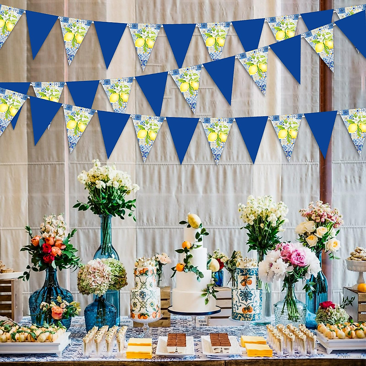 Blue and Lemon Party Decorations - 3pcs Lemon Bunting Banners, Lemonade Hanging Triangle Banner Garland for Lemon Wedding Engagement Bridal Shower Bachelorette Baby Shower Birthday Party