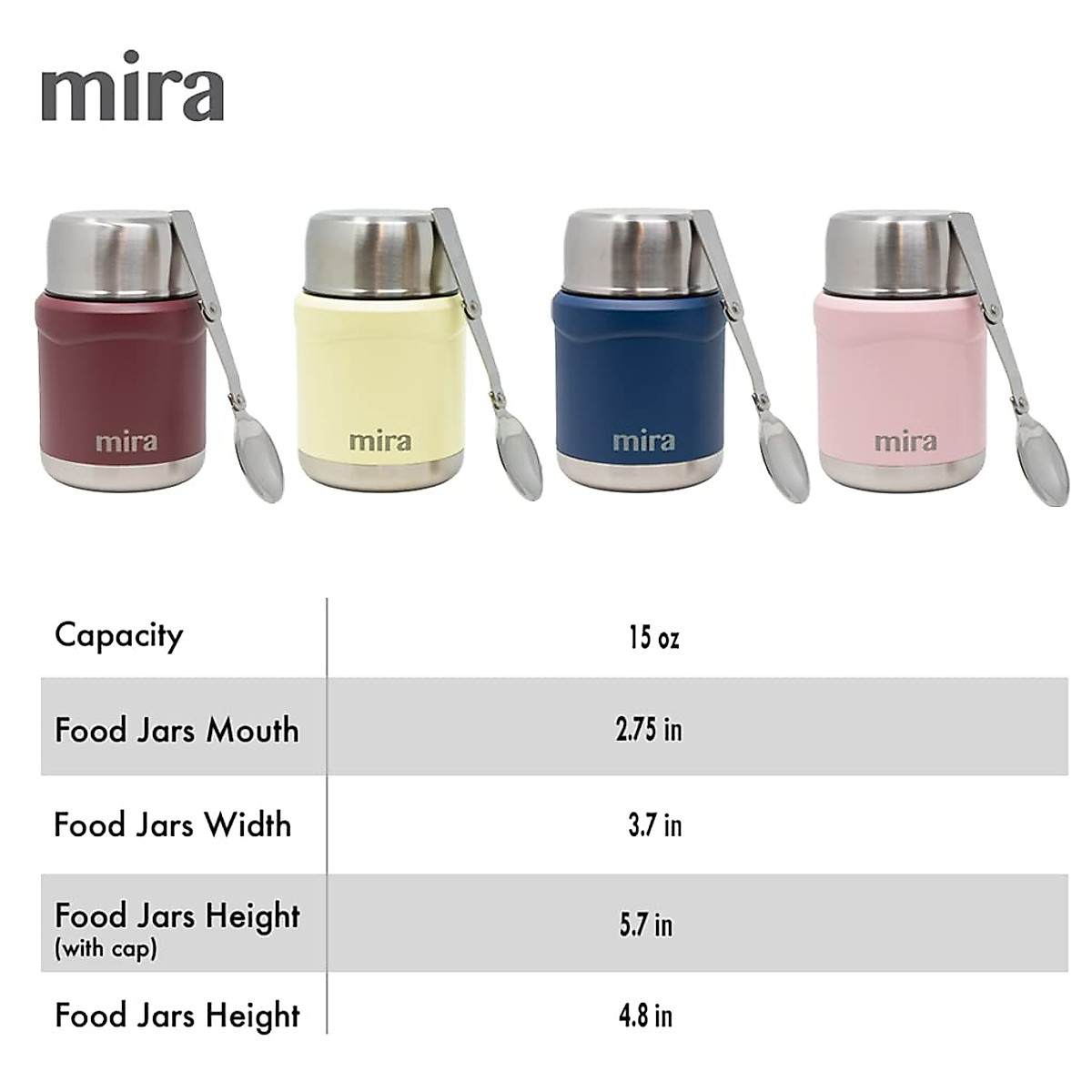MIRA 15 oz Insulated Food Thermos for hot and cold foods - Leak-Proof Stainless Steel Container with Spoon - Pearl Blue