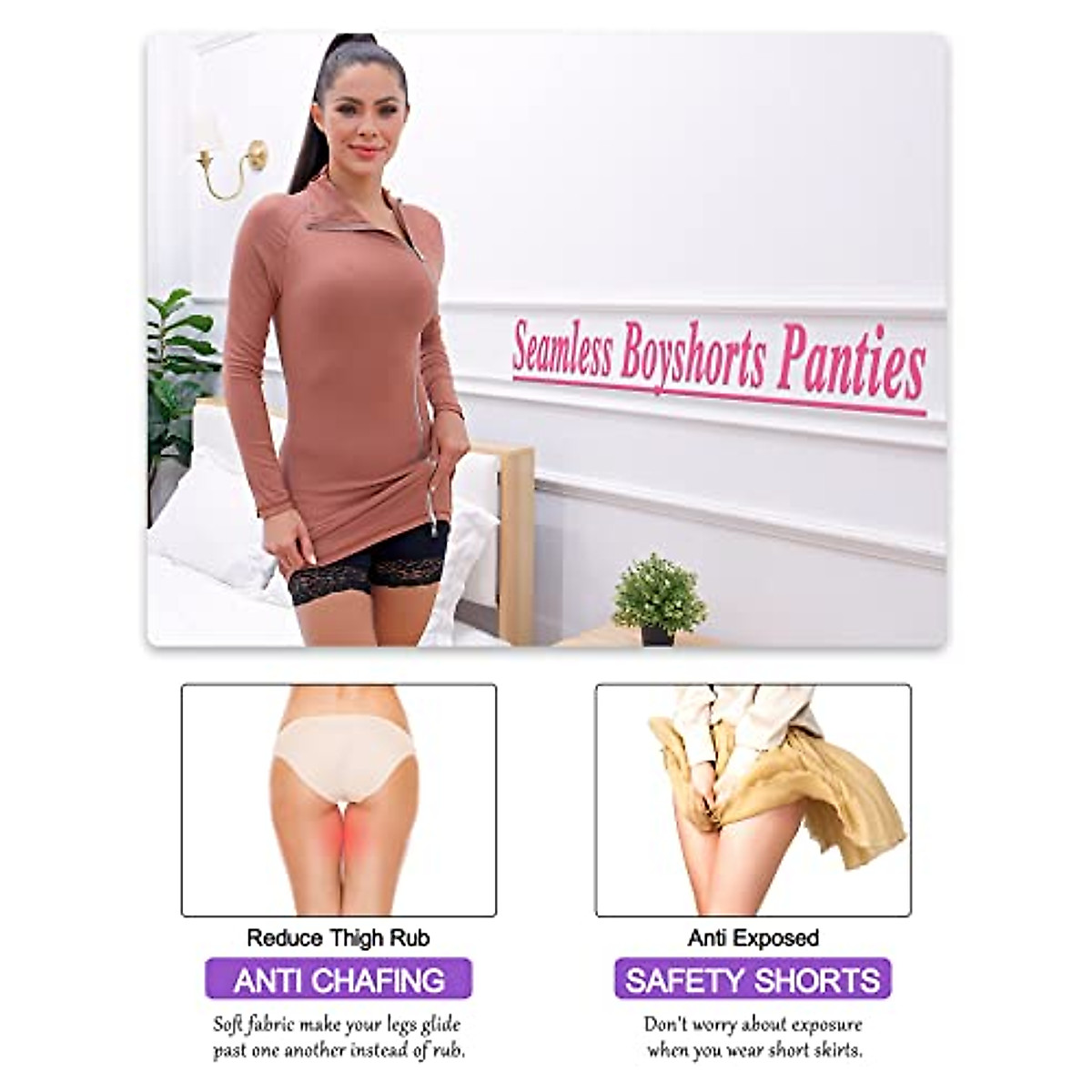 RILIAM 2 Pack Women Lace Slip Shorts for Under Dresses Smooth Seamless Anti-Chafing Underwear Spanks Thigh Slimmer(Black+Nude,X-Large)