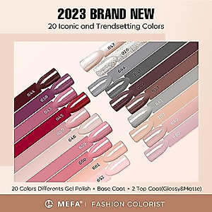 MEFA 23 Pcs Gel Nail Polish Kit, 20 Colors Nude Pink Glitter All Seasons Collection Skin Tone Bubble Bath Gel Polish Nail Kit with Glossy & Matte Top Base Coat Nail Art Manicure DIY Salon Gift for Women