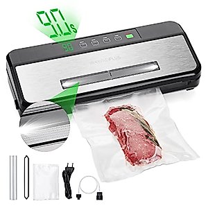 INKBIRD Food Vacuum Sealer Machine, Sealing-Time Countdown& Viewable Window, Automatic Food Sealer, Built-in Cutter and Roll Storage(Up to 20ft), One-Touch Moist Modes for Seasoned Meat, 5-Modes for Daily Need, LED Indicator, Starter Kit with Vacuum Seale