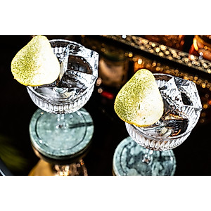 GLASSIQUE CADEAU Vintage Ritzy Cocktail and Champagne Coupe Glasses | Set of 4 | 7 oz Crystal Long Stemmed Glassware for Drinking Martini, Cosmopolitan, Manhattan | Retro Saucers