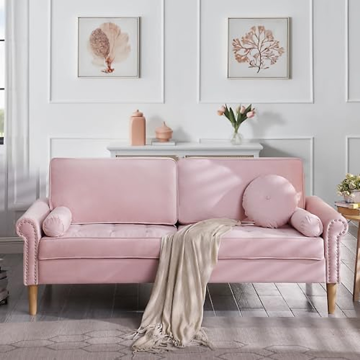 RXRRXY Modern Loveseat Sofa,Velvet Loveseats for Small Spaces, Mid Century 3 Seater Sofas,Button Tufted Upholstered Couch for Bedroom,with Pillow,Suitable for Living Rooms, Apartments,Office. (Pink)