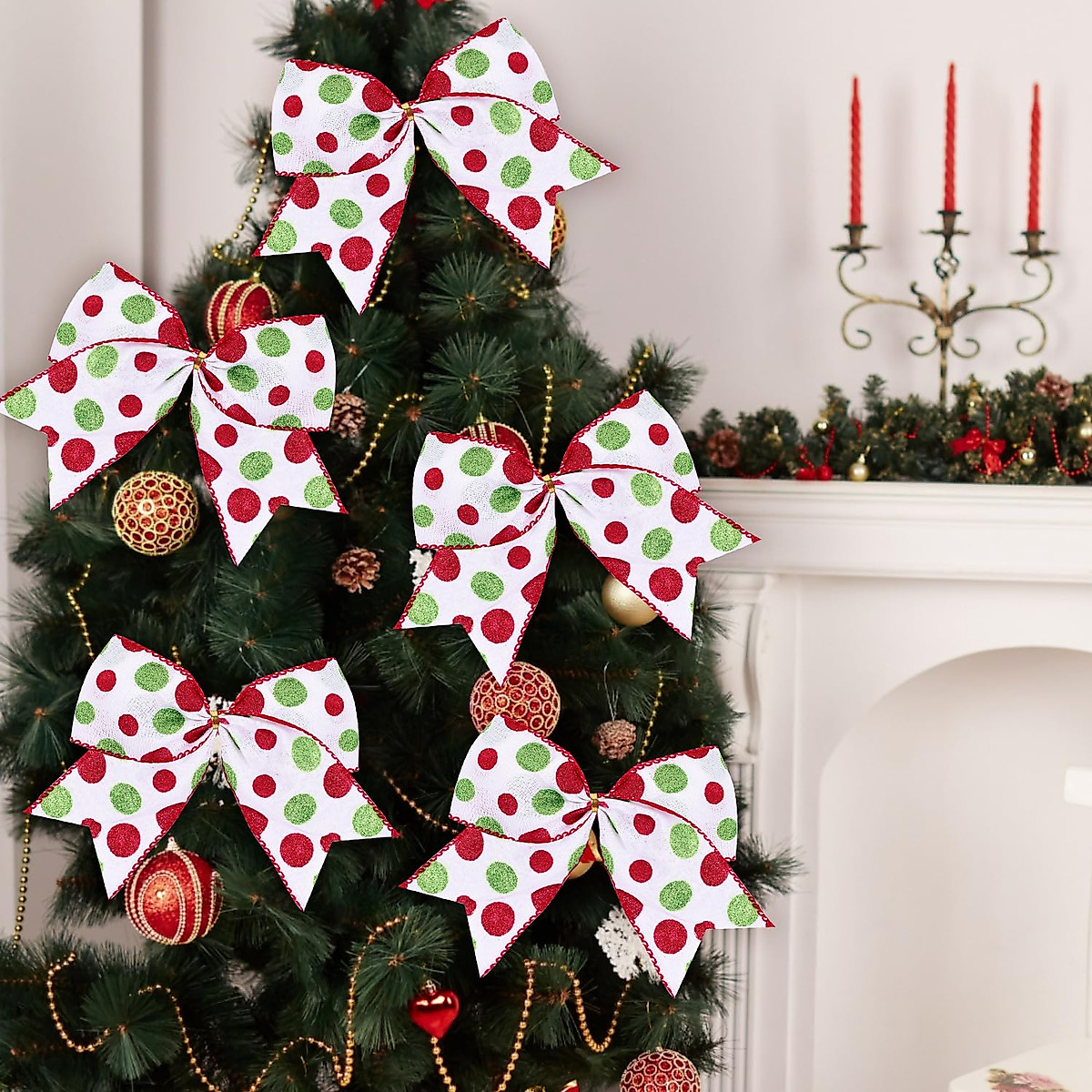 24 Pcs Red Green Christmas Bows Decorations, 6 Inch Polka Dot Christmas Tree Bows Xmas Bows Ornaments for Home Wreaths Garland Wedding Gift Party Indoor Outdoor