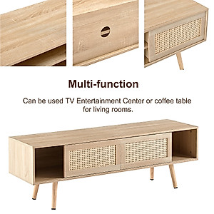 Rattan TV Stand Entertainment Center, 55" L TV Console Table Storage Cabinet Wooden Sliding Doors Plastic Rattan for Living Room Farmhouse Furniture (oak-55)