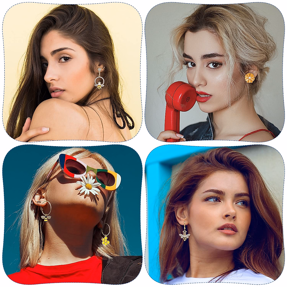 4 Pairs Bee Earrings Bee Stud Bee Drop Earrings Honeycomb Earrings Bee Rhinestone Earrings Gift for Women