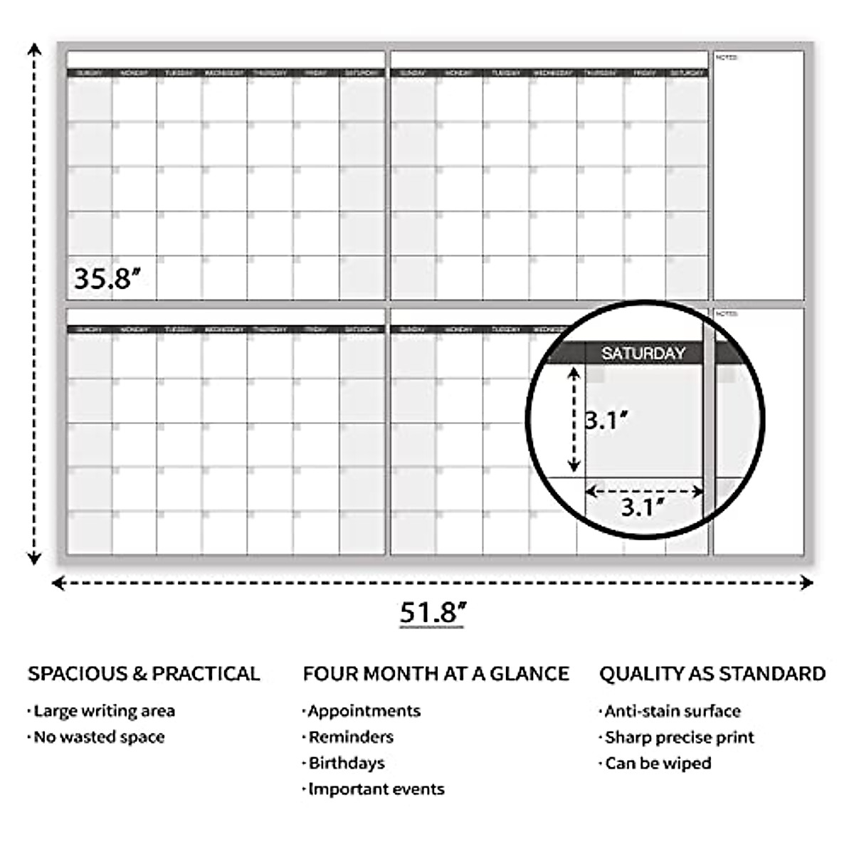 Large Wall Calendar Undated - Dry Erase Calendar for Wall，35.8 '' X 31.8 '' - Four Monthly Dry Erase Reusable Wall Planner - Includes 8 Sticker Dots and 5 Whiteboard Markers
