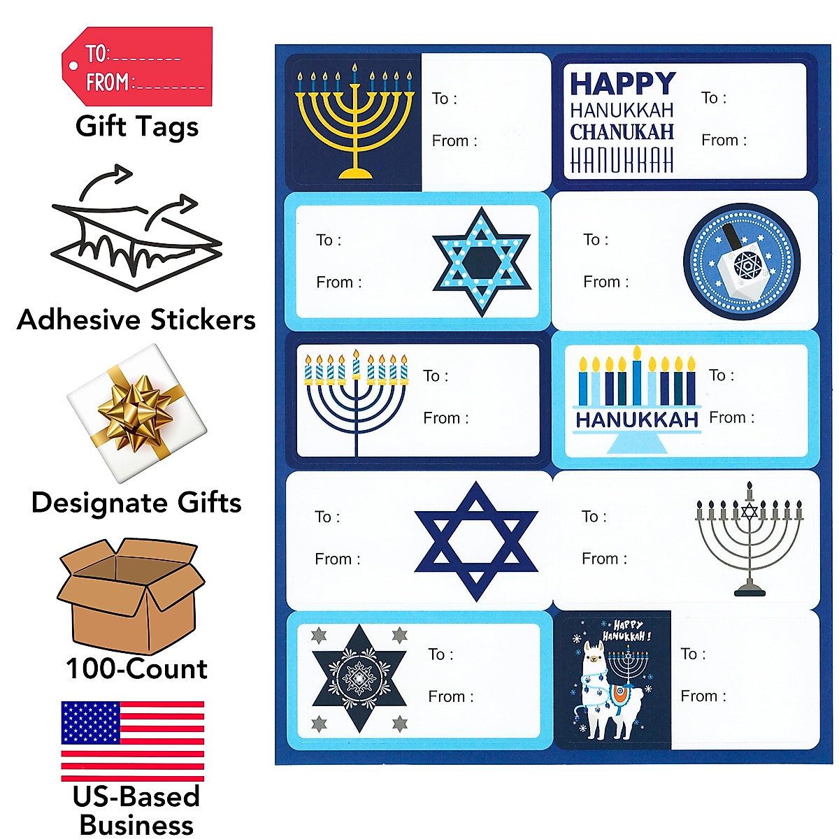 Iconikal Self-Adhesive Gift Tag Labels, Hanukkah, 100-Count
