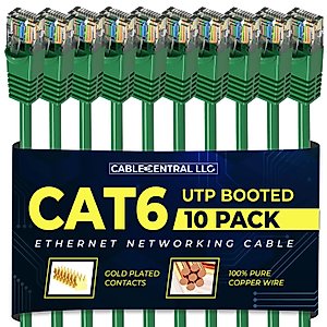 Cable Central LLC Cat 6 Ethernet Cable 100 Feet (10 Pack) High Speed Internet Patch Cord Cat 6 with RJ45 Connector - Green UTP Booted 100 Ft Computer Network Cable, Internet Cable, Cat 6 Cable